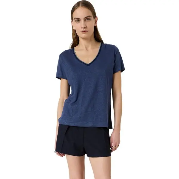 Gerard Darel Mirana Linen V-neck T-shirt With Lurex Collar Detail - Indigo