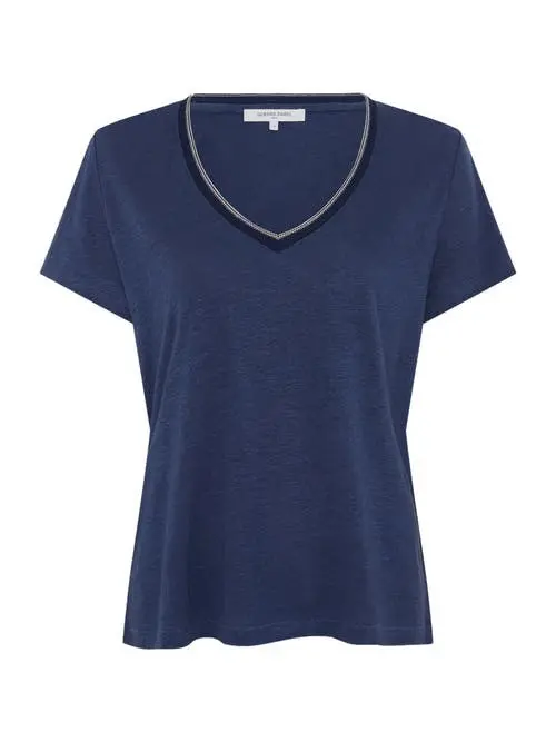 Gerard Darel Mirana Linen V-neck T-shirt With Lurex Collar Detail - Indigo