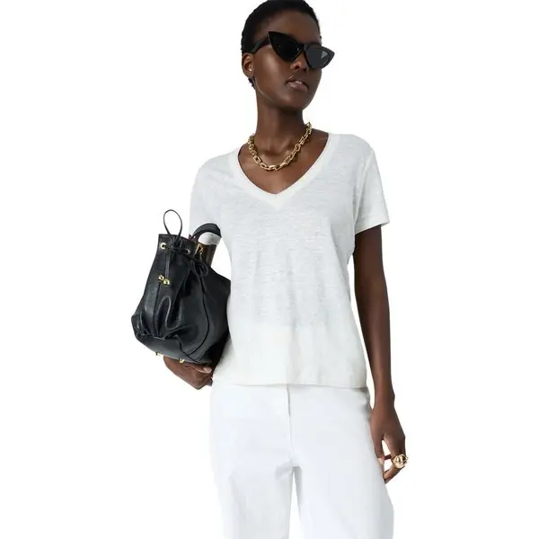 Gerard Darel Mirana Linen V-neck T-shirt With Lurex Collar Detail - White