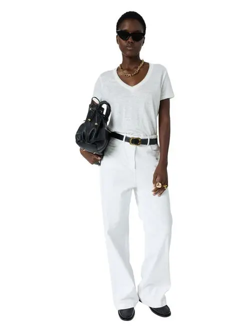 Gerard Darel Mirana Linen V-neck T-shirt With Lurex Collar Detail - White