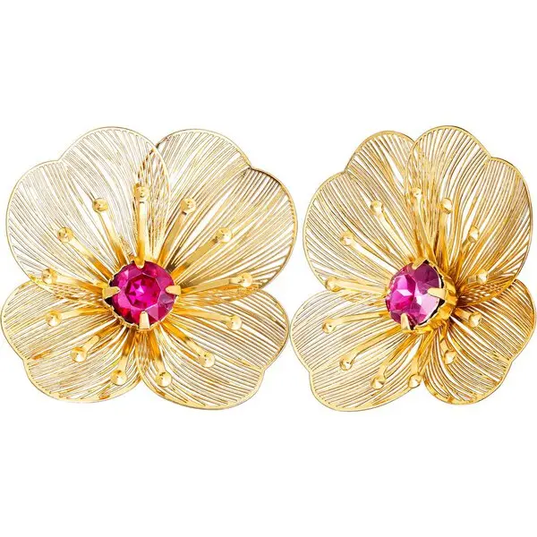 Jessica Simpson Gold-tone Filigree Flower Stud Earrings With Pink Crystal Center - Gold Tone