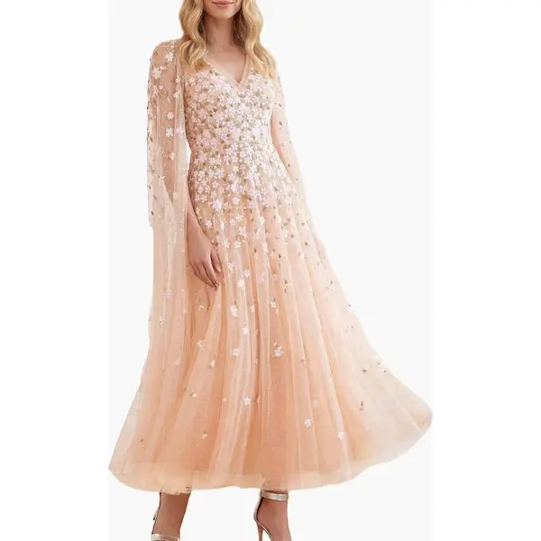 NEEDLE & THREAD Camellia Ditsy Cape Sleeve Ankle Gown - Apricot Blush/multi
