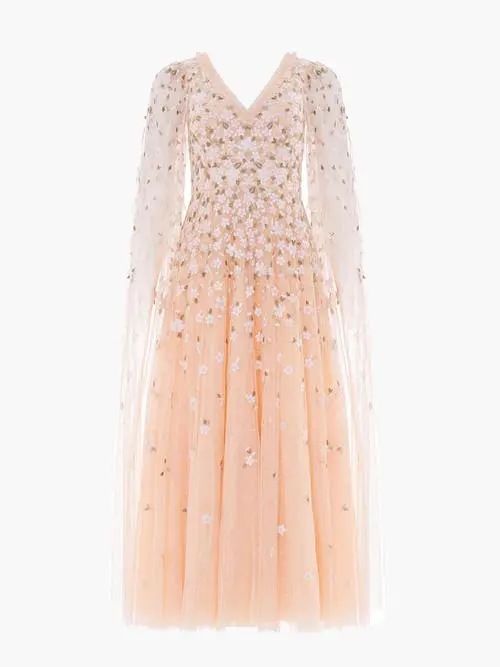 NEEDLE & THREAD Camellia Ditsy Cape Sleeve Ankle Gown - Apricot Blush/multi