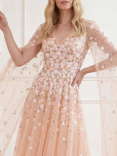NEEDLE & THREAD Camellia Ditsy Cape Sleeve Ankle Gown - Apricot Blush/multi