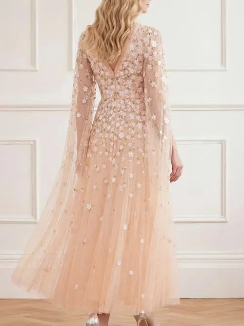 NEEDLE & THREAD Camellia Ditsy Cape Sleeve Ankle Gown - Apricot Blush/multi