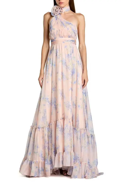 Mac Duggal Floral Chiffon Asymmetrical Halter Gown With Ruffles