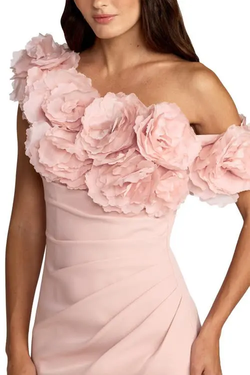 Mac Duggal Crepe One-shoulder Gown With Floral Applique