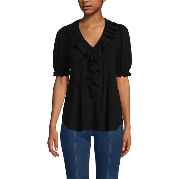 LANDS' END Slub Ruffle Pintuck Top - Black