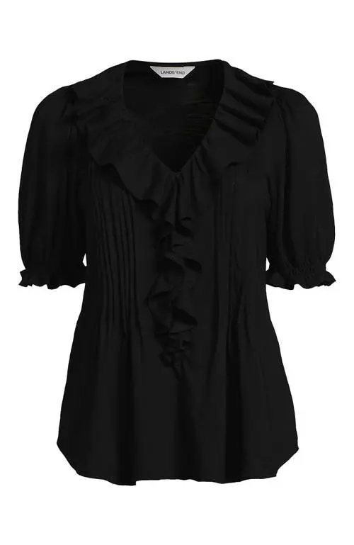 LANDS' END Slub Ruffle Pintuck Top - Black
