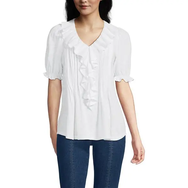 LANDS' END Puff Sleeve Slub Ruffle Pintuck Top - White