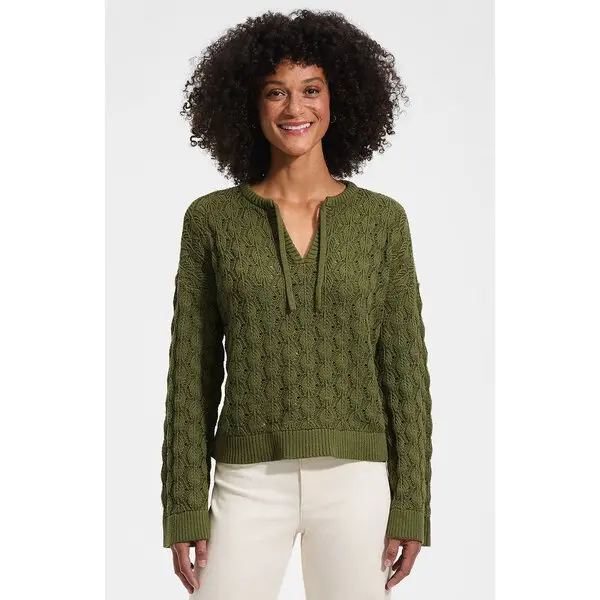 LANDS' END Drifter Tie Notch Neck Sweater - Artichoke