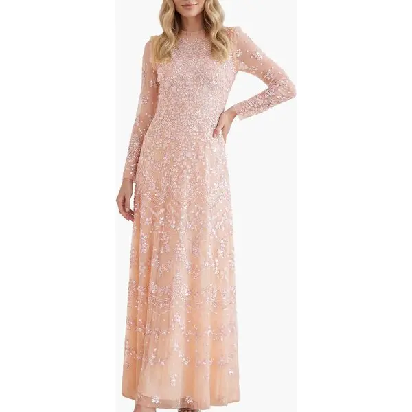 NEEDLE & THREAD Freya Long Sleeve Sequin Maxi Gown - Apricot Blush