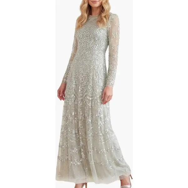 NEEDLE & THREAD Freya Long Sleeve Sequin Maxi Gown - Seafoam