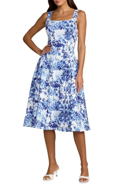 Mac Duggal Crepe Floral Square Neck Midi Dress - Blue Multi