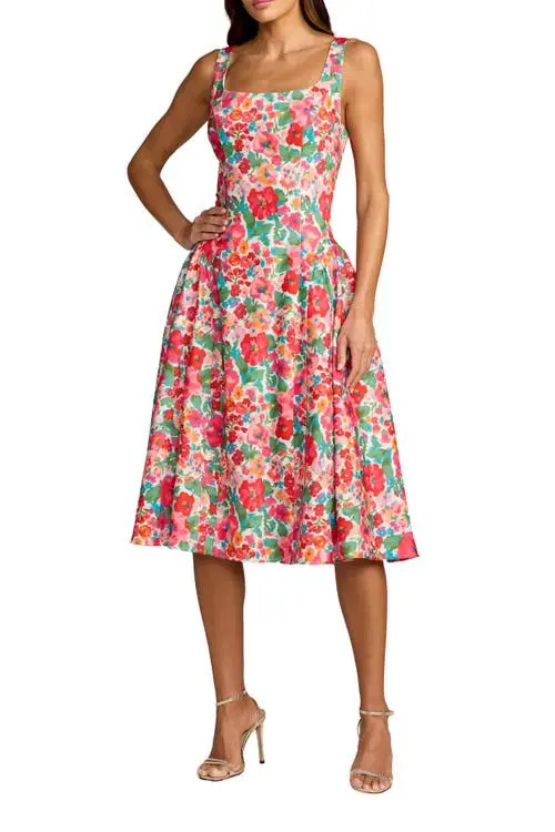 Mac Duggal Crepe Floral Square Neck Midi Dress - Pink Multi