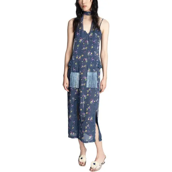 Anna Sui Night Blooming Chiffon Slip Dress - Indigo Multi
