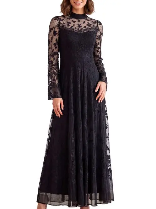 NEEDLE & THREAD Sylvia Rose Long Sleeve Ankle Gown - Jet Black