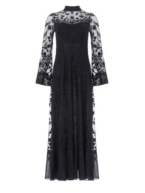 NEEDLE & THREAD Sylvia Rose Long Sleeve Ankle Gown - Jet Black