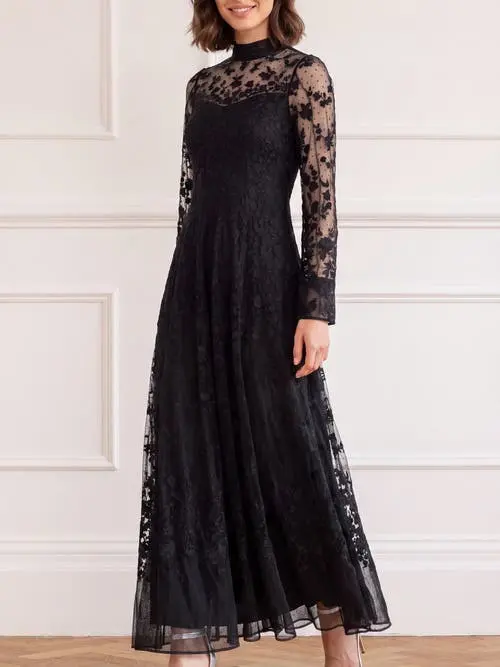 NEEDLE & THREAD Sylvia Rose Long Sleeve Ankle Gown - Jet Black