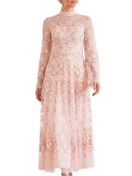 NEEDLE & THREAD Sylvia Rose Long Sleeve Ankle Gown - Soft Peony/multi