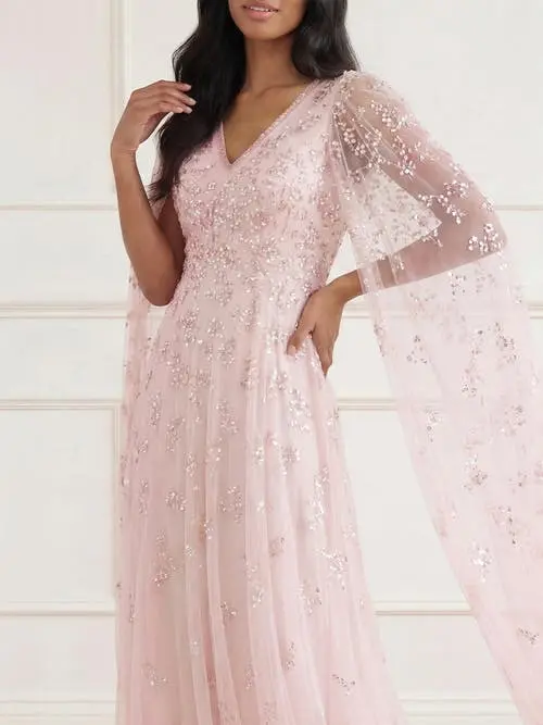 NEEDLE & THREAD Freesia Shimmer Cape Sleeve Ankle Gown - Opal