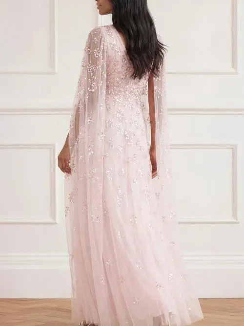 NEEDLE & THREAD Freesia Shimmer Cape Sleeve Ankle Gown - Opal