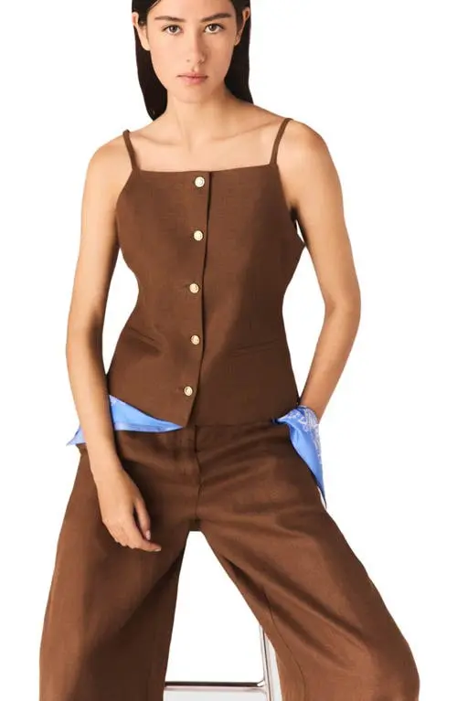 Maje Linen-blend Waistcoat Top - Brown