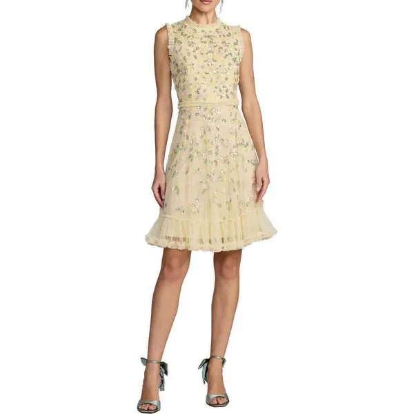 Mac Duggal Sleeveless Floral Beaded Tulle Mini Dress - Lemon