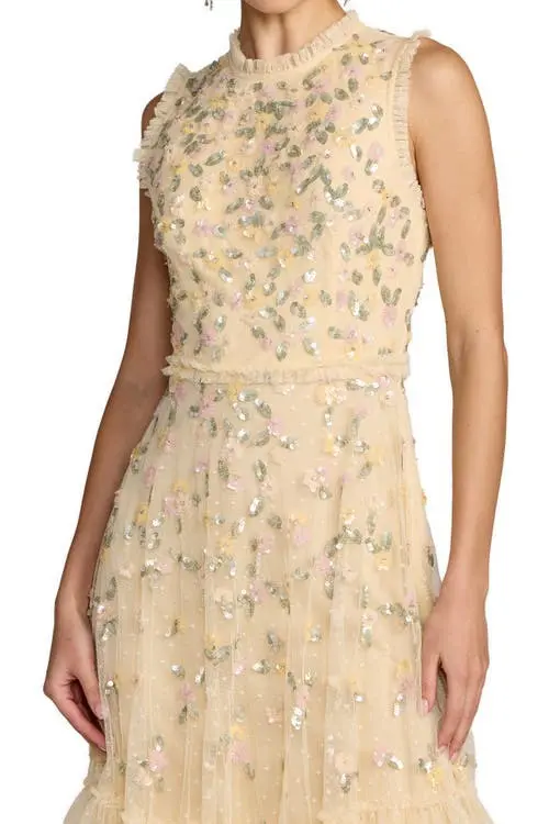 Mac Duggal Sleeveless Floral Beaded Tulle Mini Dress