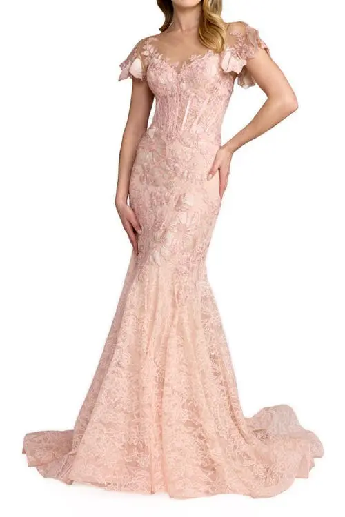 Mac Duggal Embroidered Lace Trumpet Gown With Flutter Sleeves