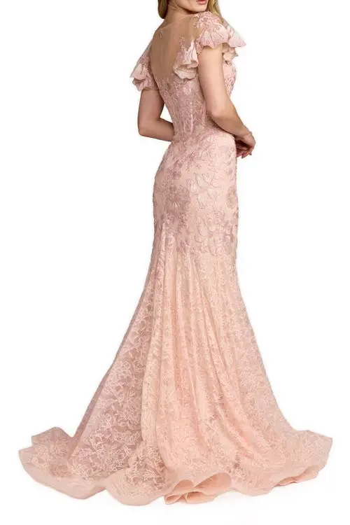 Mac Duggal Embroidered Lace Trumpet Gown With Flutter Sleeves