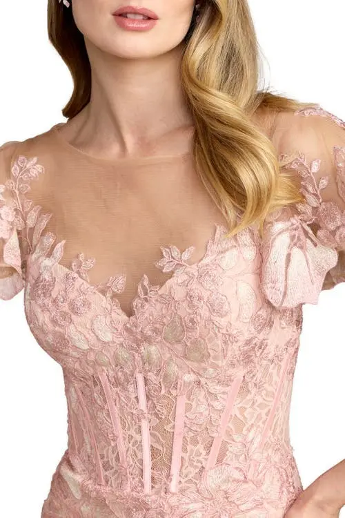 Mac Duggal Embroidered Lace Trumpet Gown With Flutter Sleeves