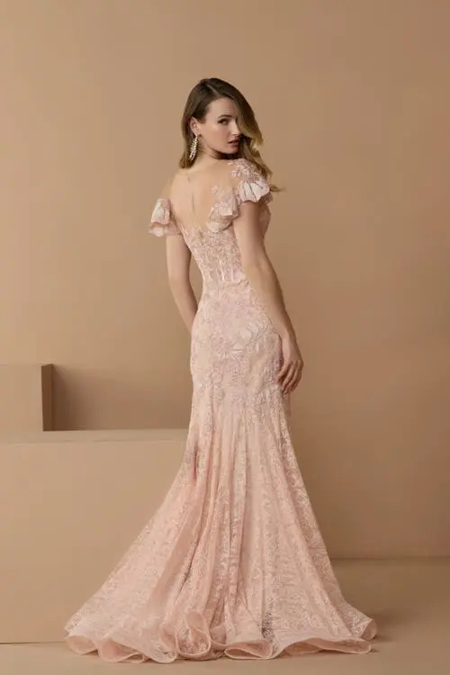 Mac Duggal Embroidered Lace Trumpet Gown With Flutter Sleeves
