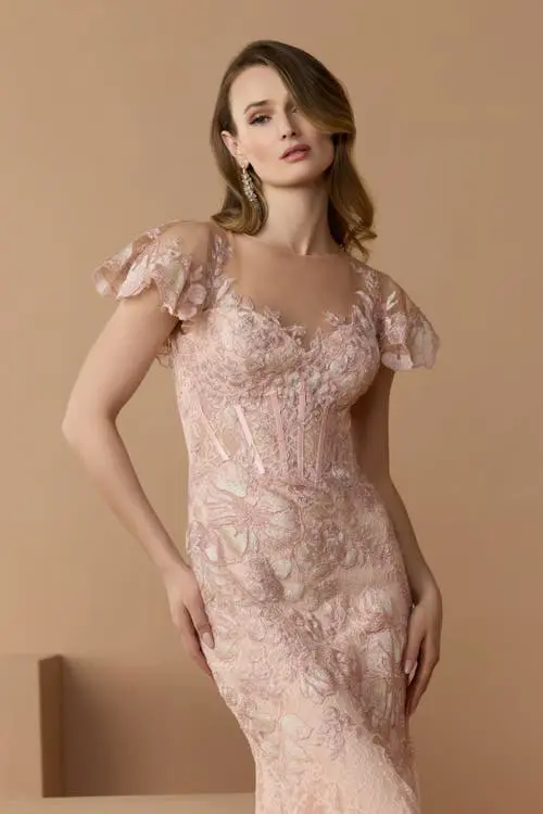 Mac Duggal Embroidered Lace Trumpet Gown With Flutter Sleeves