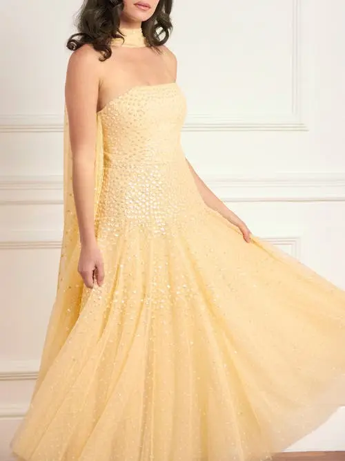 NEEDLE & THREAD Sunrise Sequin Strapless Cape Ballerina Dress