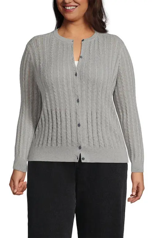 LANDS' END Cotton Pointelle Modern Cardigan Sweater - Gray Heather