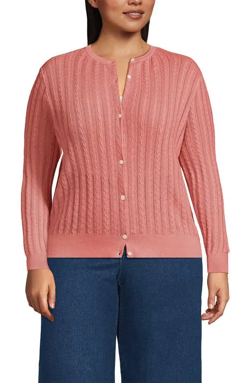 LANDS' END Cotton Pointelle Modern Cardigan Sweater - Sunset Coral Pink