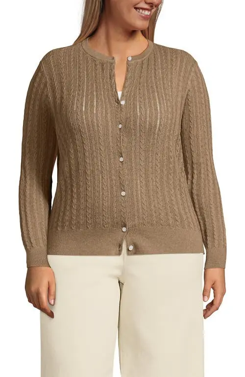 LANDS' END Cotton Pointelle Cardigan Sweater - Vicuna Heather