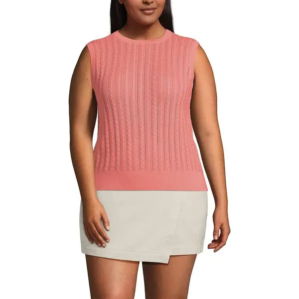 LANDS' END Cotton Pointelle Shell Sweater - Sunset Coral Pink