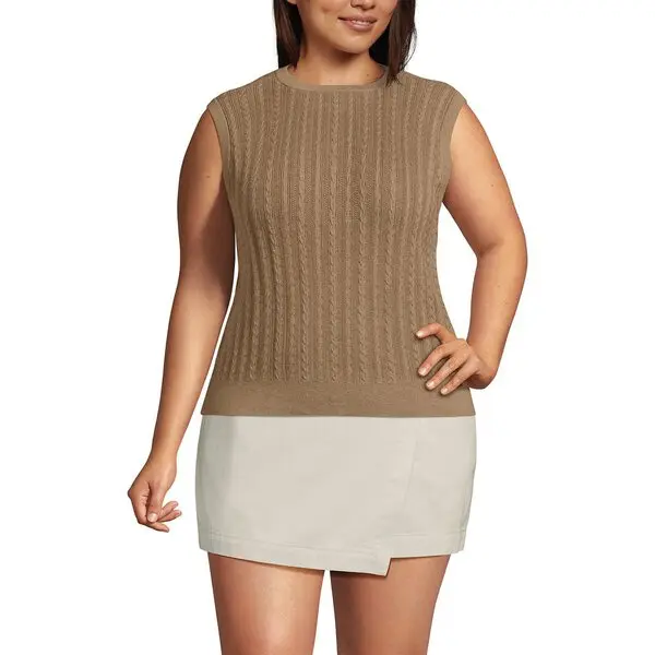 LANDS' END Cotton Pointelle Shell - Vicuna Heather