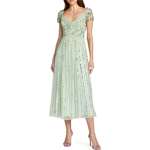 Mac Duggal Beaded Sequin V-neck Midi Dress - Sage