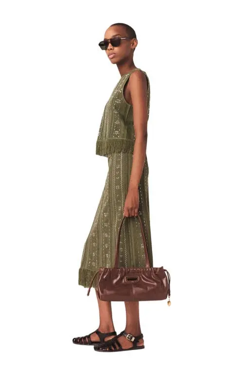 Maje Knit Skirt With Rhinestone Flowers - Khaki