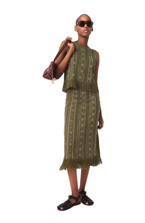 Maje Knit Skirt With Rhinestone Flowers - Khaki