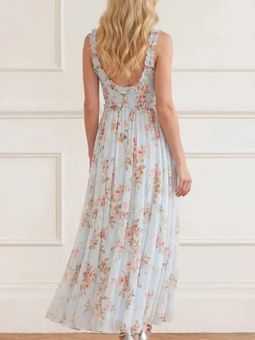 NEEDLE & THREAD Summer's Rose Chiffon Cami Ankle Gown - Aqua