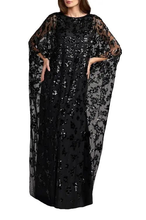 Mac Duggal Sequin Floral Cape Sleeve Caftan Gown - Black