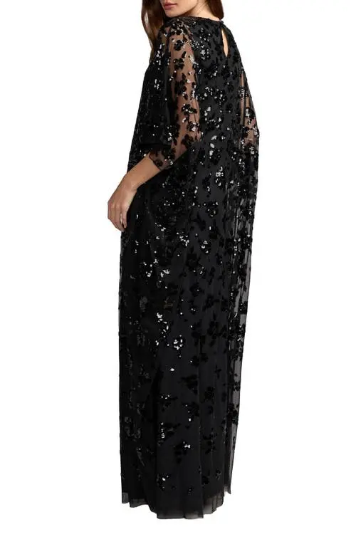 Mac Duggal Sequin Floral Cape Sleeve Caftan Gown - Black