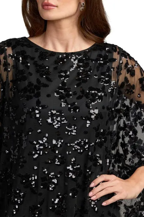 Mac Duggal Sequin Floral Cape Sleeve Caftan Gown - Black