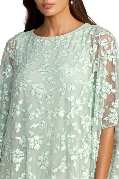 Mac Duggal Sequin Floral Cape Sleeve Caftan Gown