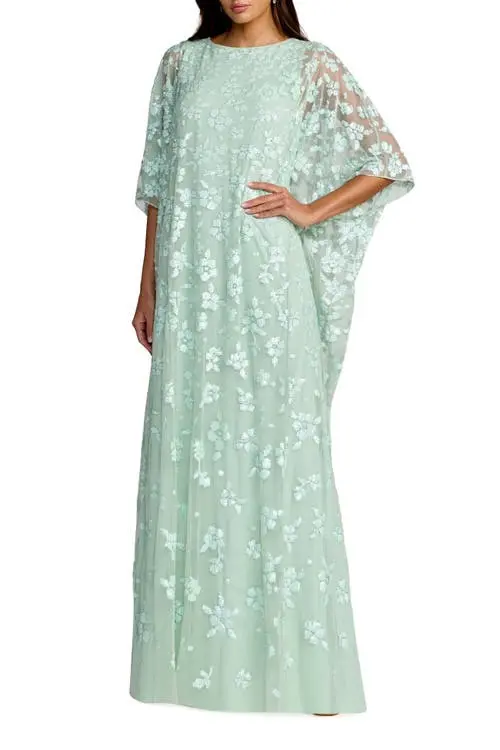Mac Duggal Sequin Floral Cape Sleeve Caftan Gown - Seafoam
