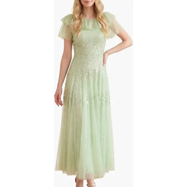 NEEDLE & THREAD Sunrise Sequin Short Sleeve Ankle Gown - Peppermint
